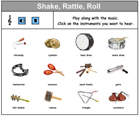 Shake, Rattle, Roll, Music skills online, interactive activity lessons