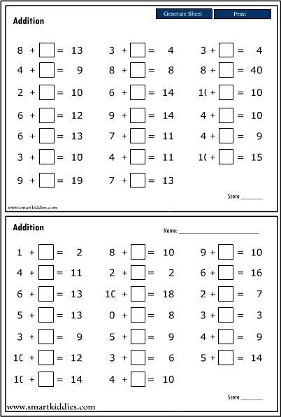 Single digit addition with a missing number, Mathematics skills online ...