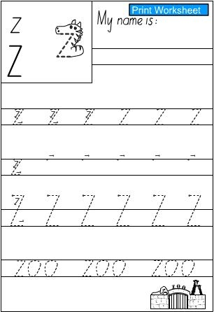 Letter z Z -Handwriting Practice Sheet - Click to download.